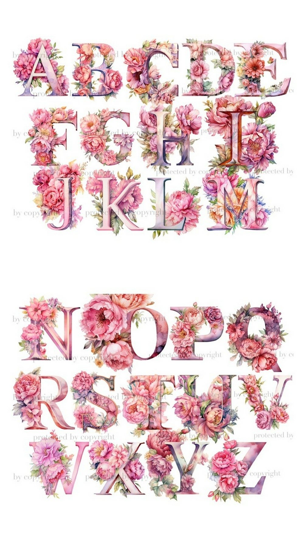 Pink Peonies Alphabet Letters | Baby Shower Sublimation PNG