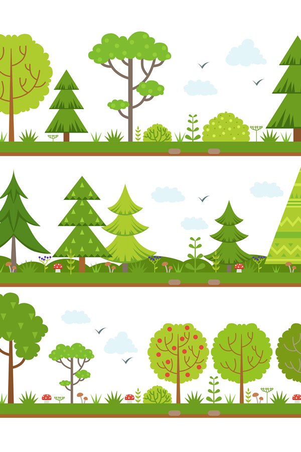 Vector landscape set with forest trees and other floral elem
