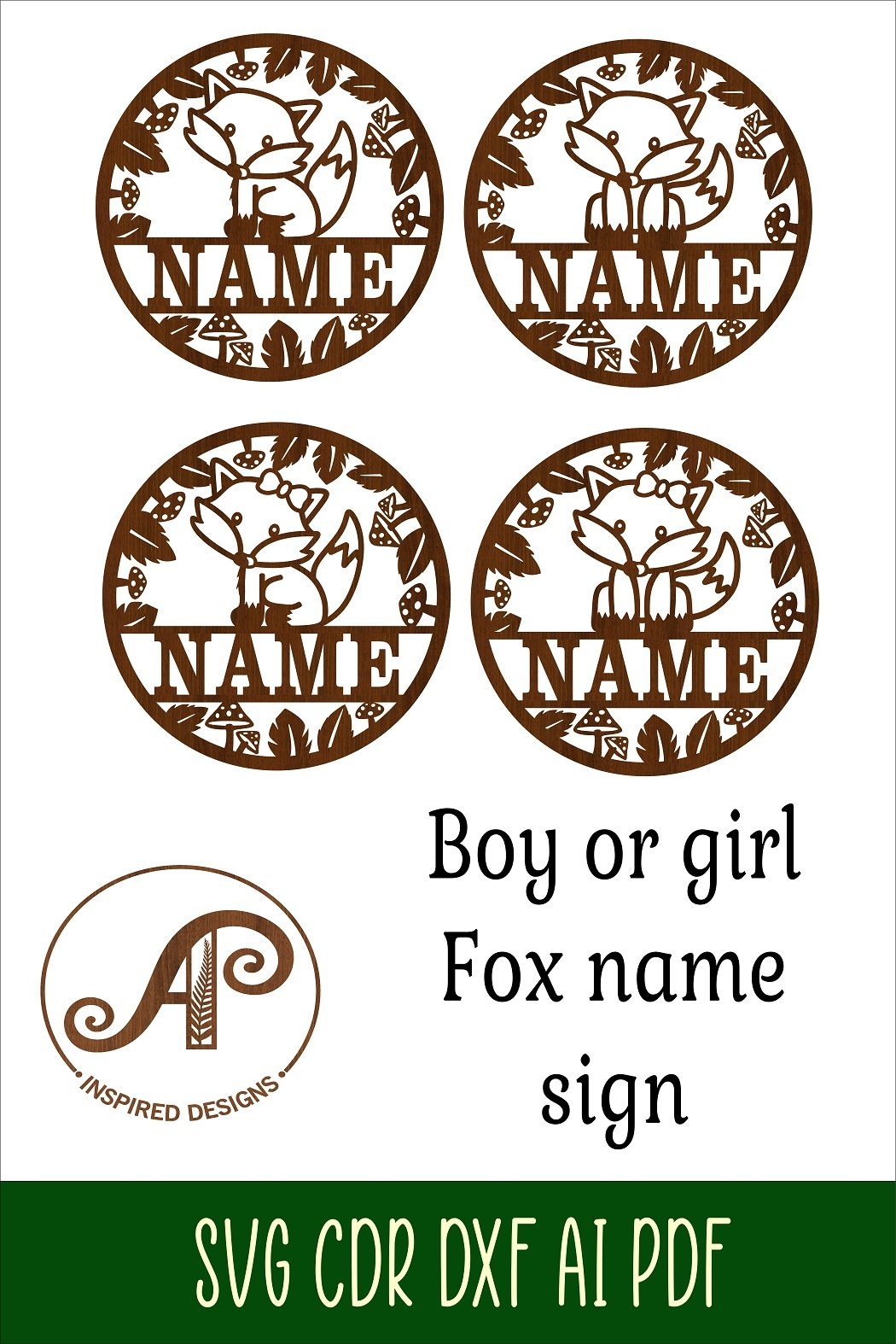 Single fox Name sign 4 option svg laser cut template, wall a