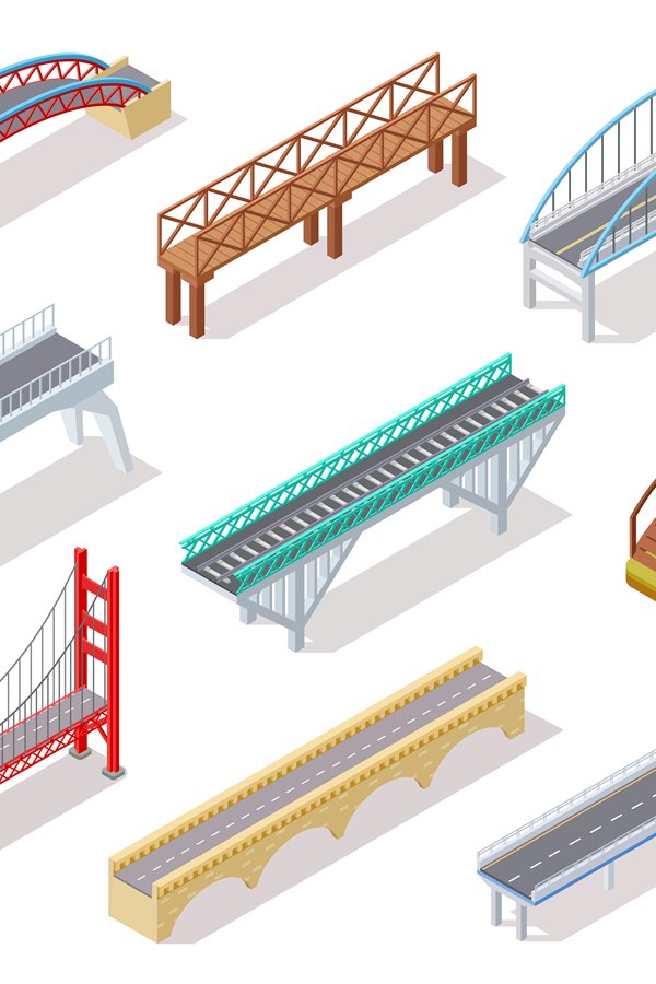 Isometric bridge. Concrete bridges drawbridge river arch bri