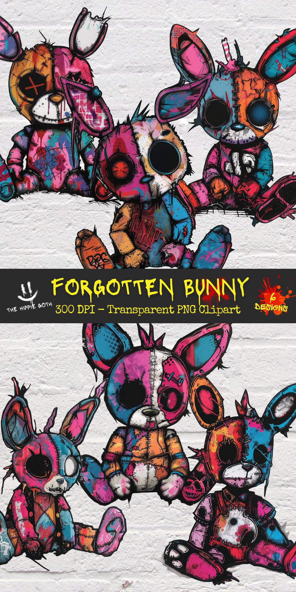 Punk Stitched Bunny Clipart, Rabbit Clipart, Grunge Clipart
