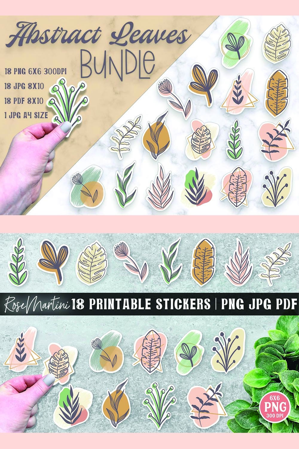 Boho Leaves PNG Printable Sticker Set