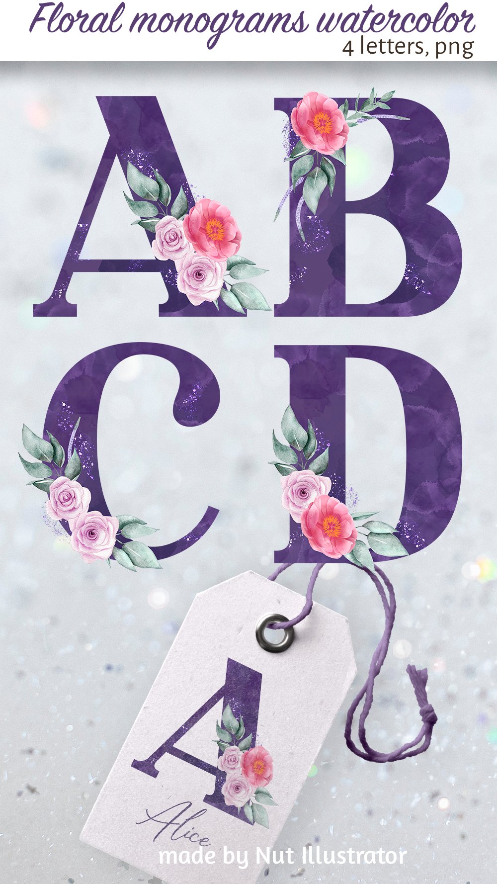 Floral monogram | Floral letters with glitter