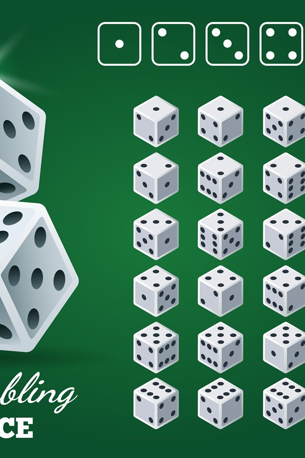 Gambling dice set on green background