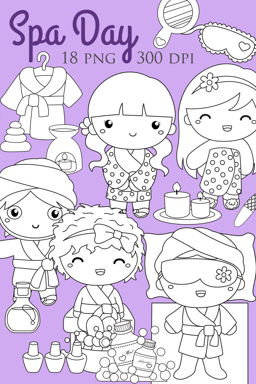 Happy Kids Beauty Spa Holiday Cartoon Digital Stamp Outline
