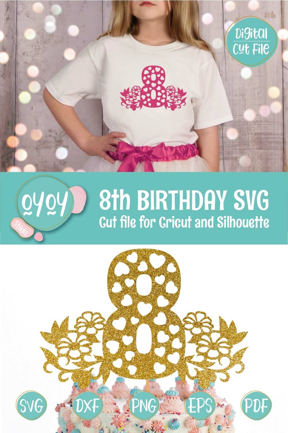 8th Birthday Cake Topper SVG with Flowers and Hearts