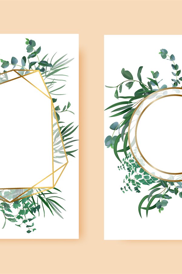 Green leaf frames. Spring wedding invitations, floral branch