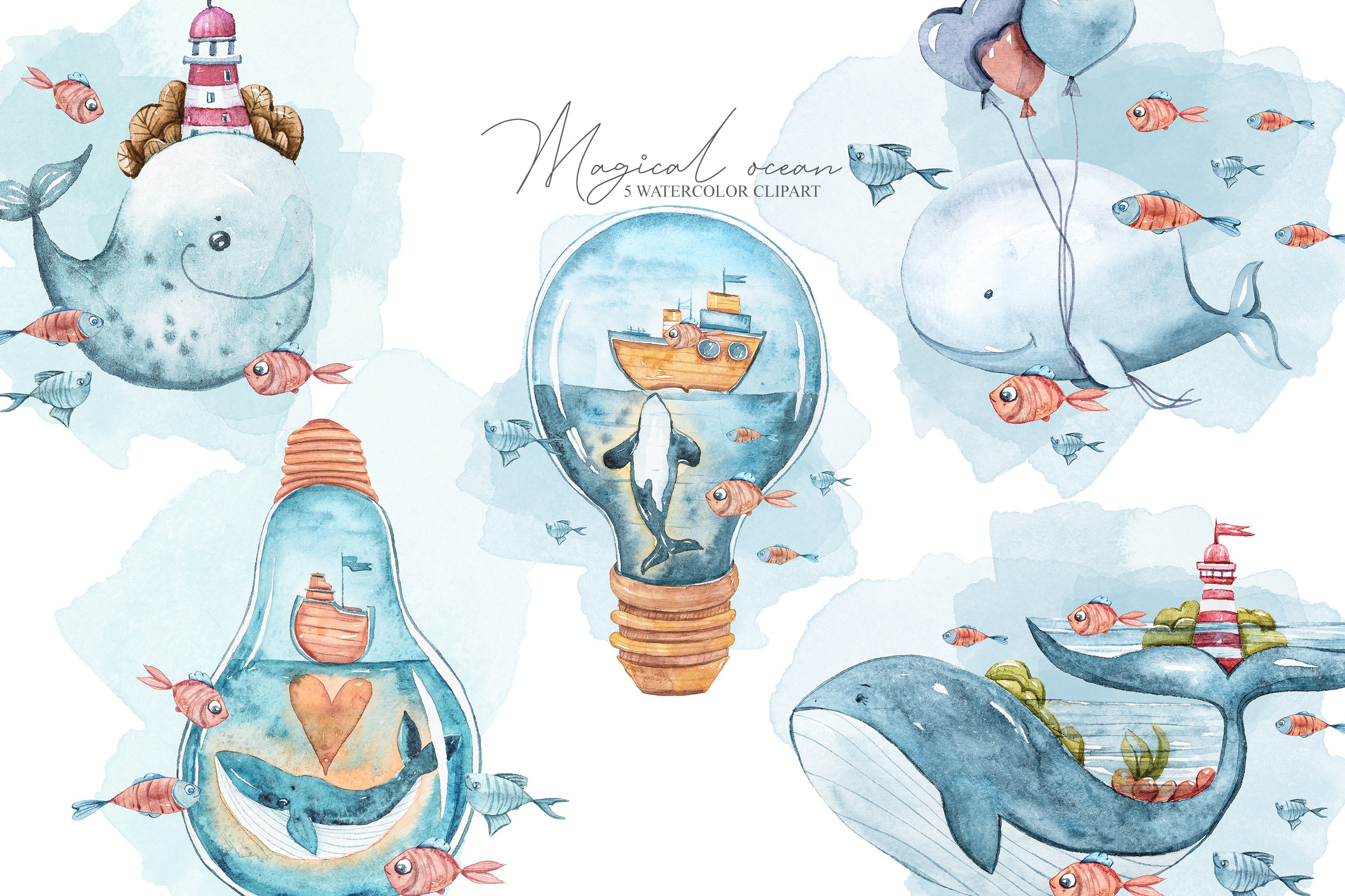 Watercolor underwater clipart / Cute whales png