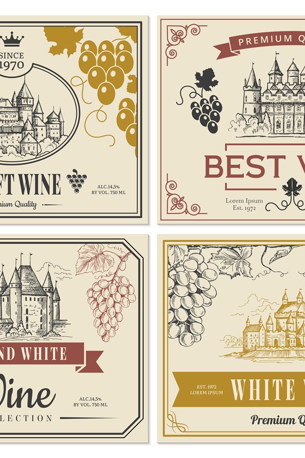 Wine labels. Vintage images for labels old medieval castles