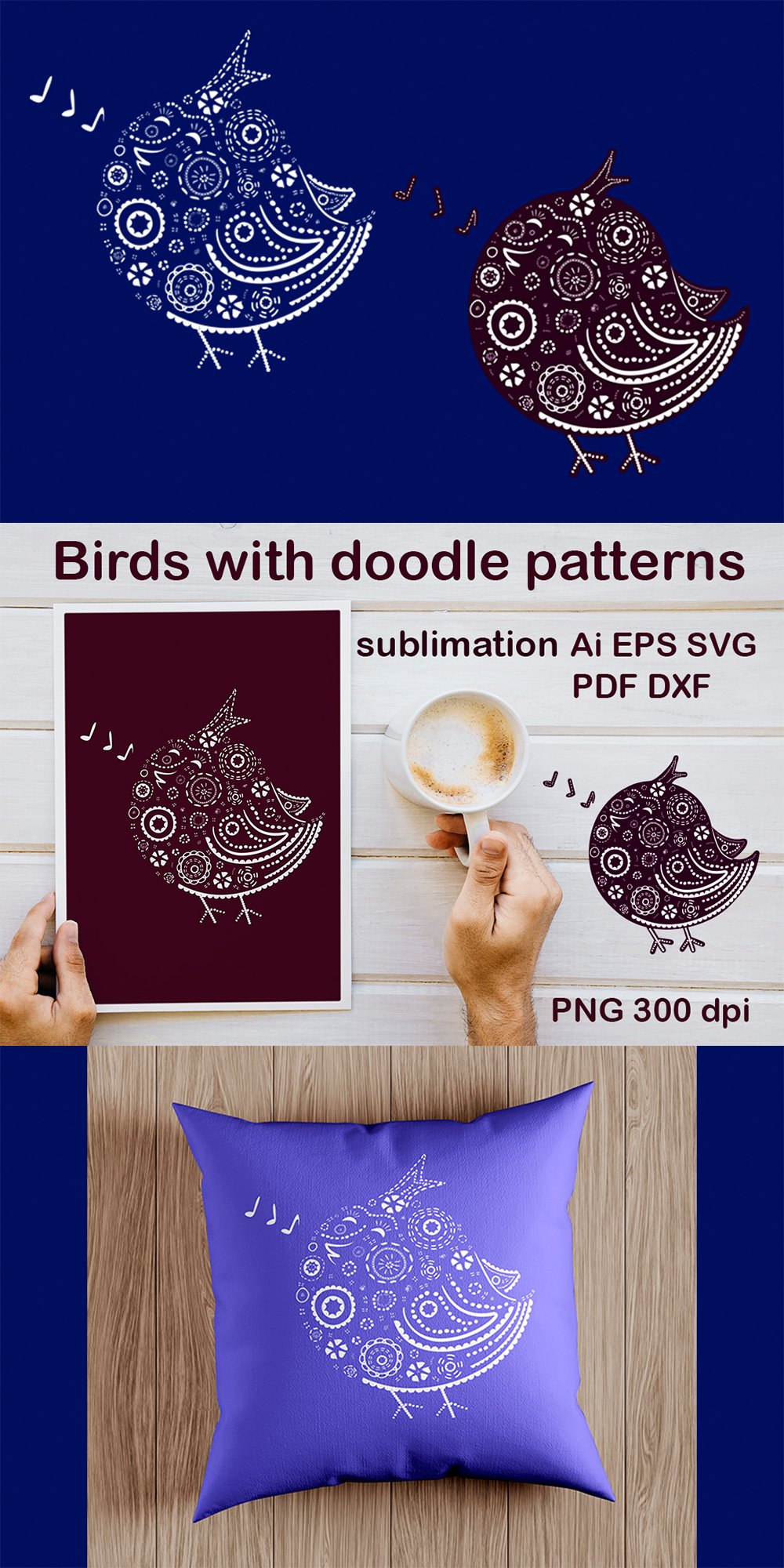 2 Birds with doodle patterns