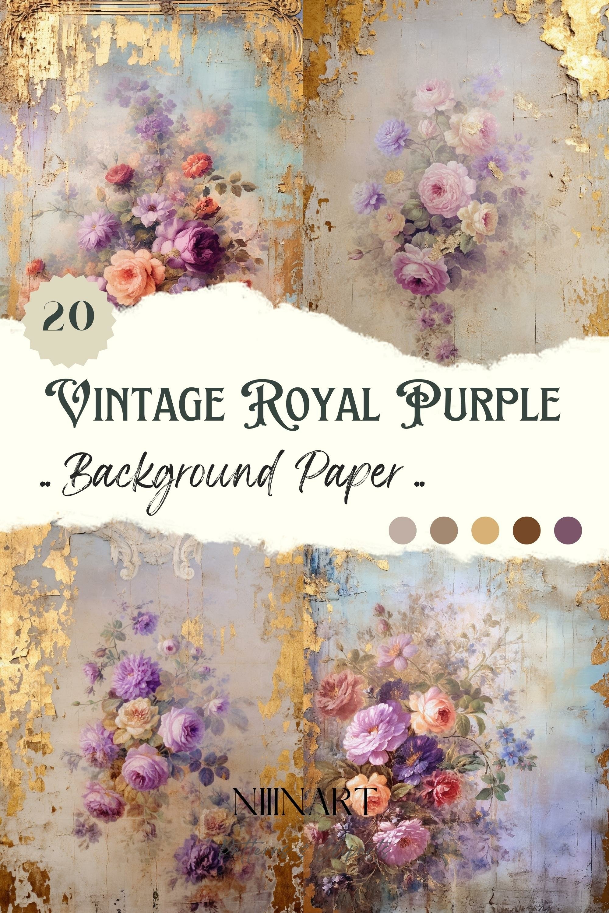 Vintage Royal Purple Floral Junk Journal Pages, A4 Paper