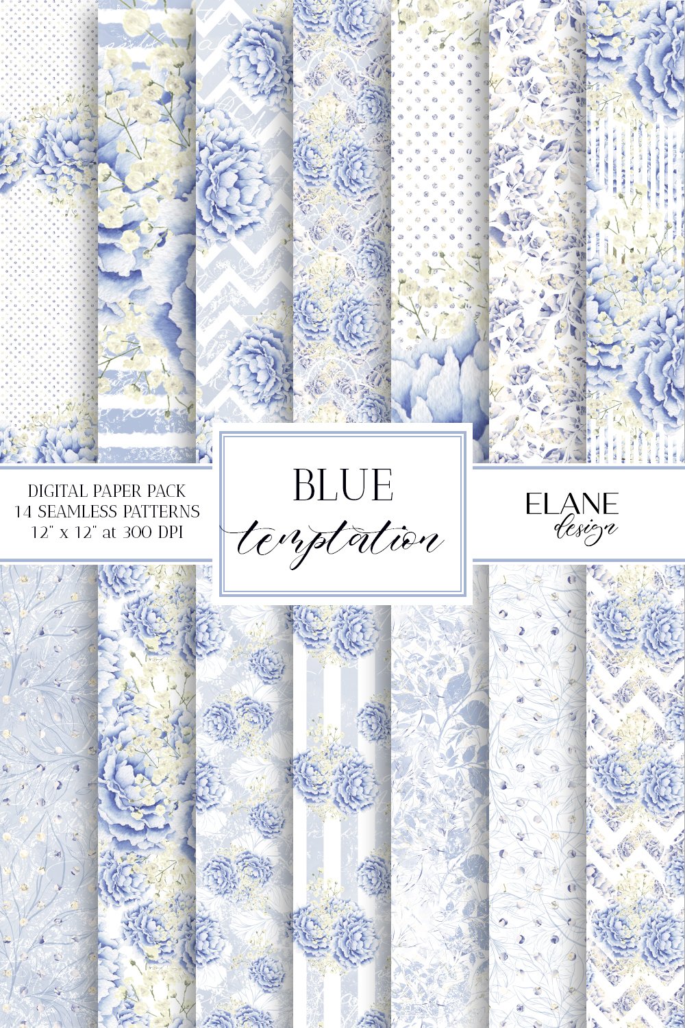 Blue Floral Digital Paper, Elegant Wedding Paper, (3917404)