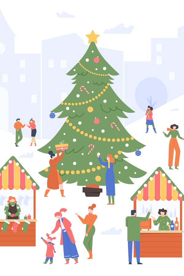 Christmas market. Holiday fair, cartoon people walking