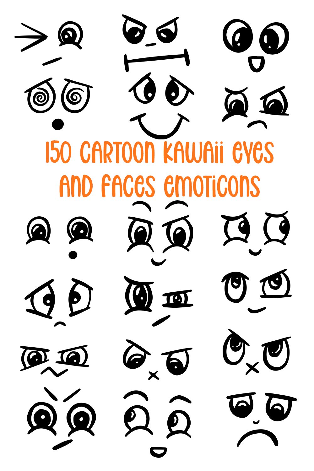 150 Cartoon Eyes Faces Emoticons Kawaii Collection Logos