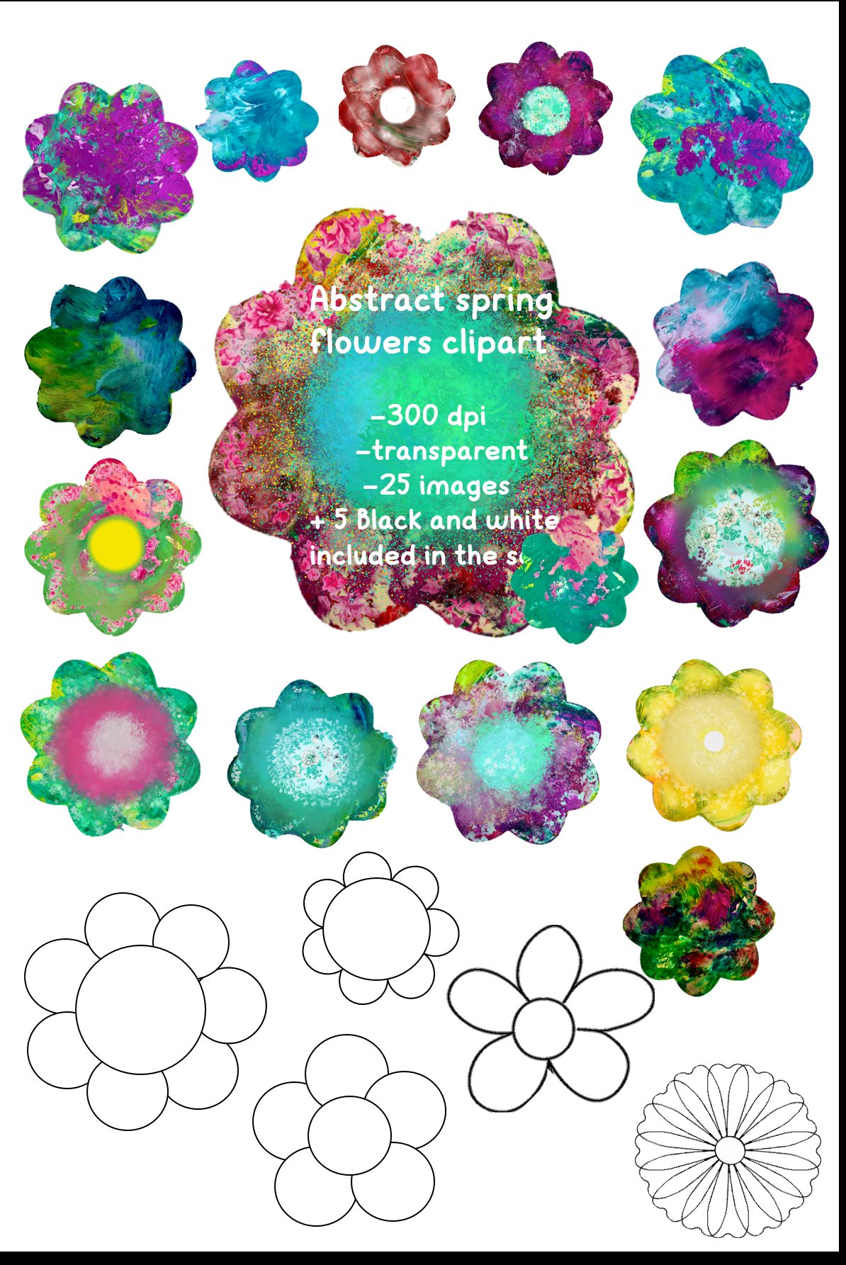 abstract spring flowers clip art in vibrant bright colours