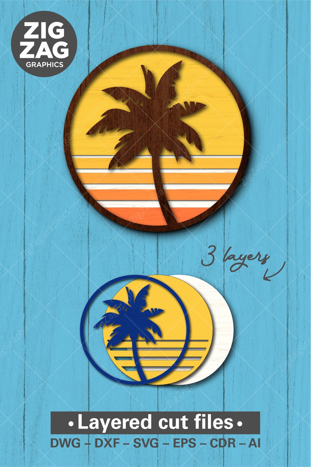 layered sign summer with palm trees and sunset svg cut file