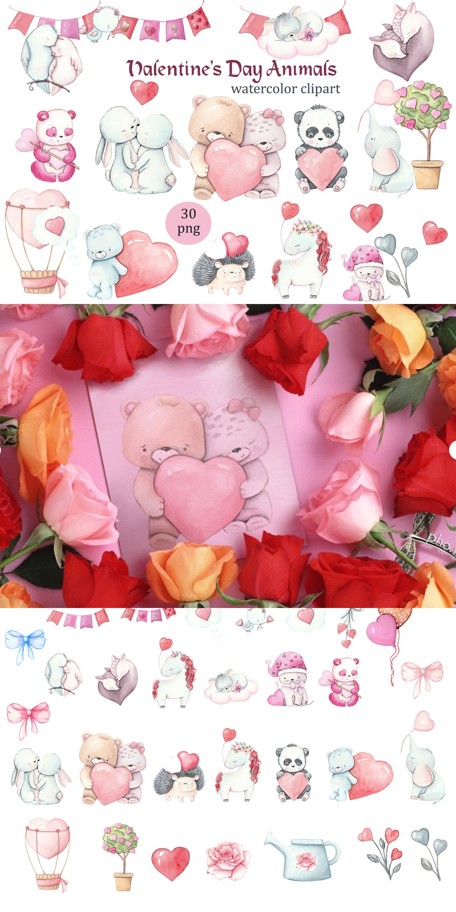 Valentine's Day Watercolor PNG. Animals in Love Clipart