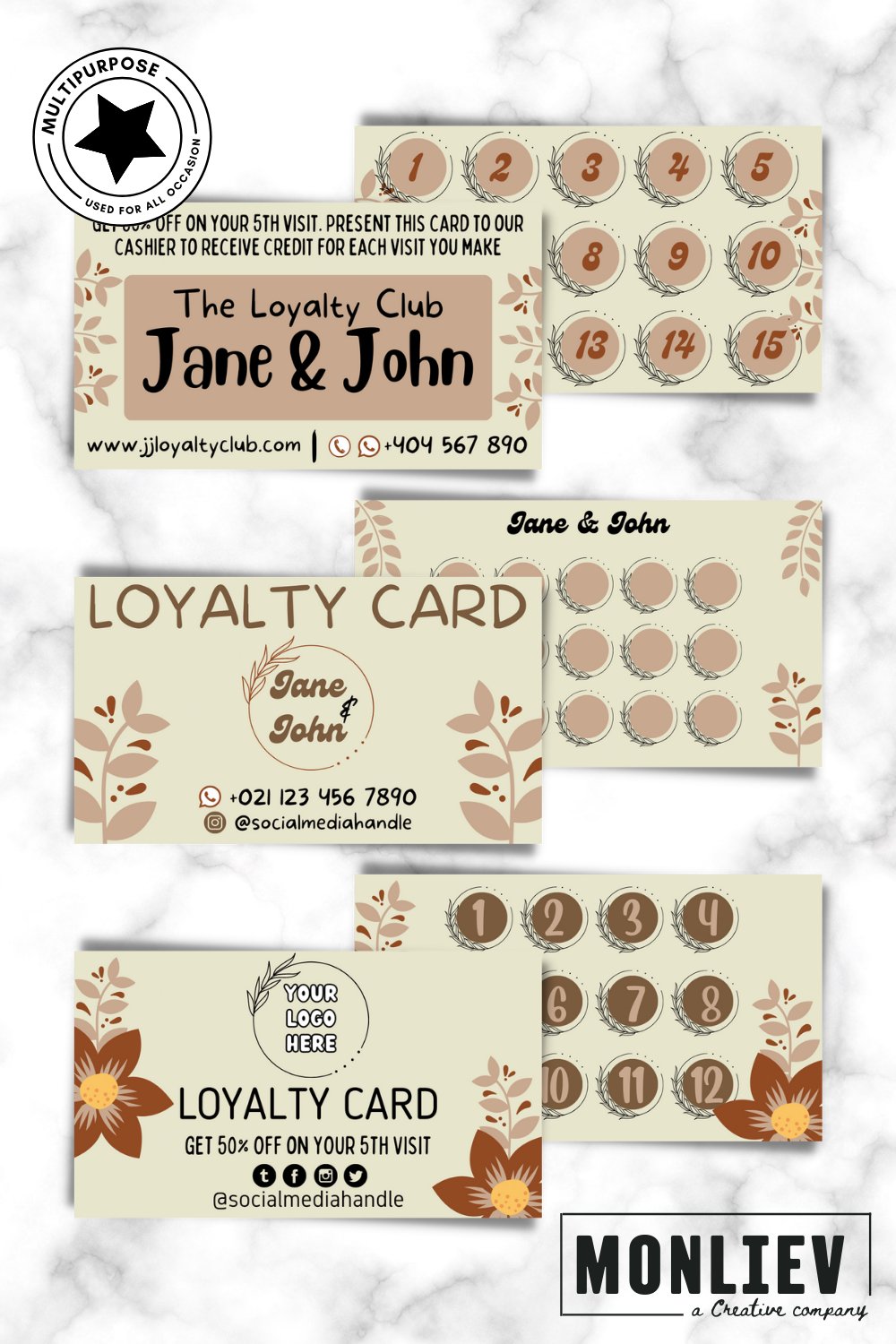 038 - 3 sets Brown Flower and Leaves Decoration Loyalty Card