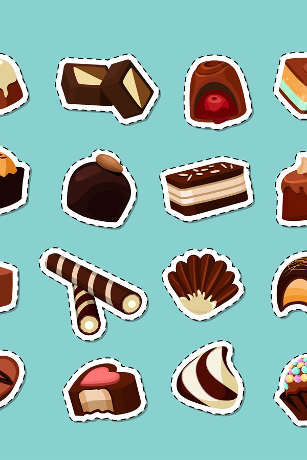 Vector cartoon chocolate candies stickers set