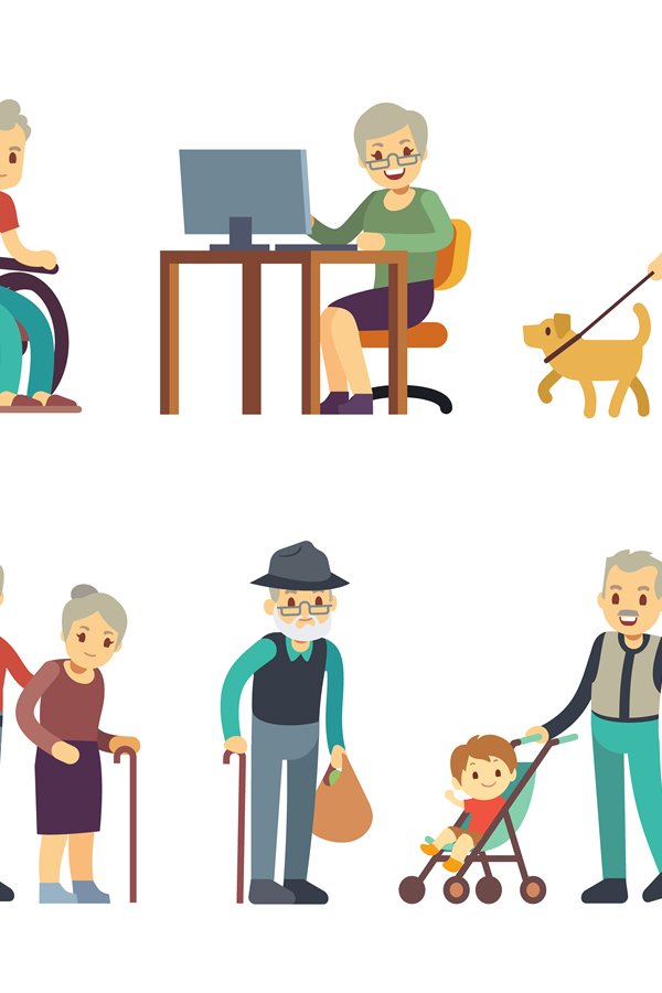 Old age people in different situations. Senior man and woman