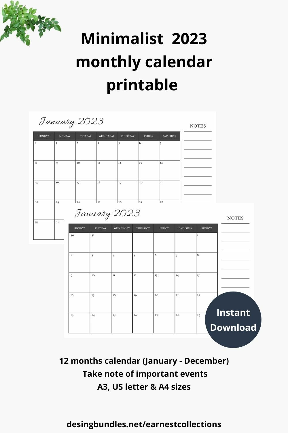 Minimalist 2023 monthly calendar printable pdf