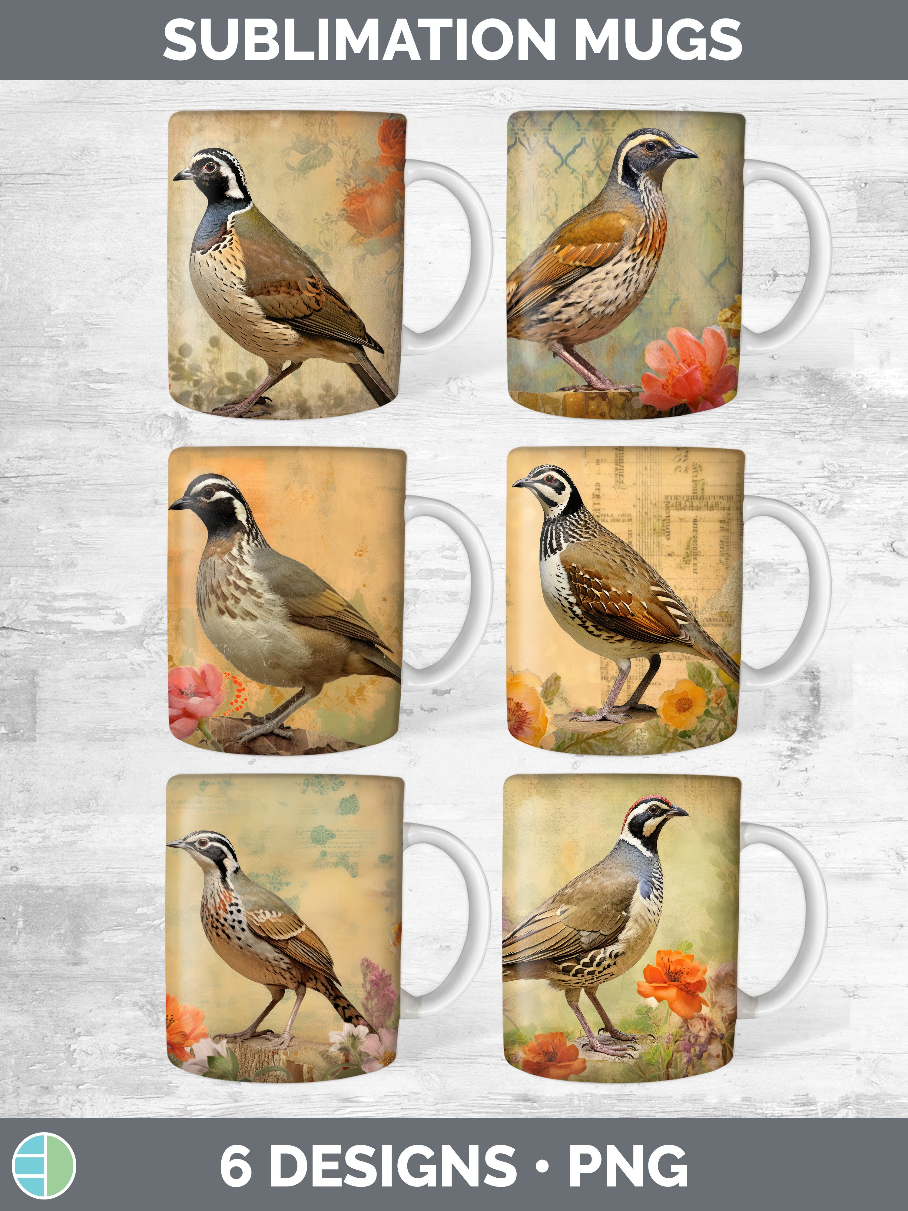 Vintage Quail Bird Mug Wrap | Sublimation Coffee Cup Designs
