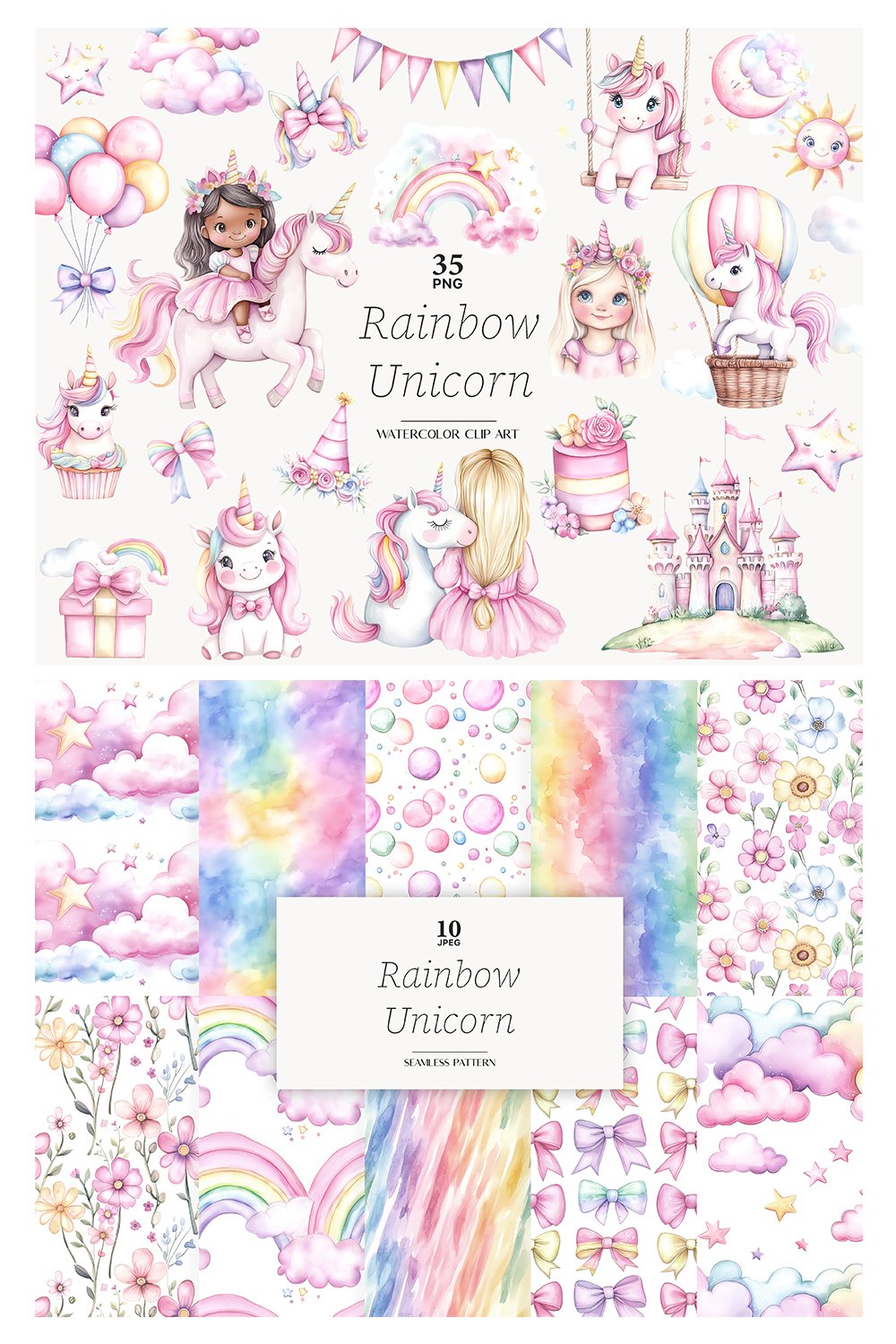 Rainbow Unicorn Digital Paper | Nursery Seamless Pattern Set