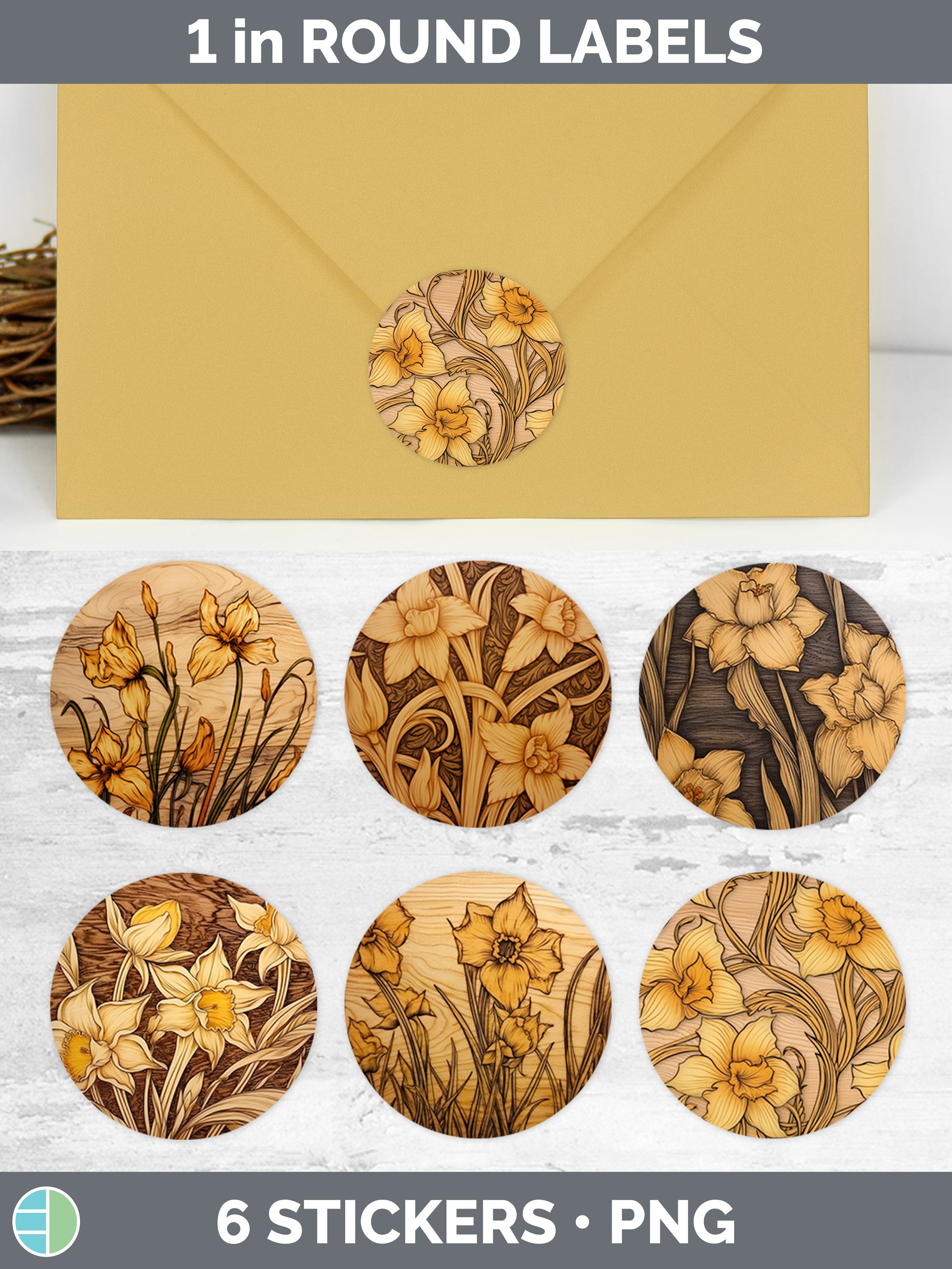 Wood Burned Daffodil Flowers Stickers | Round Labels Designs