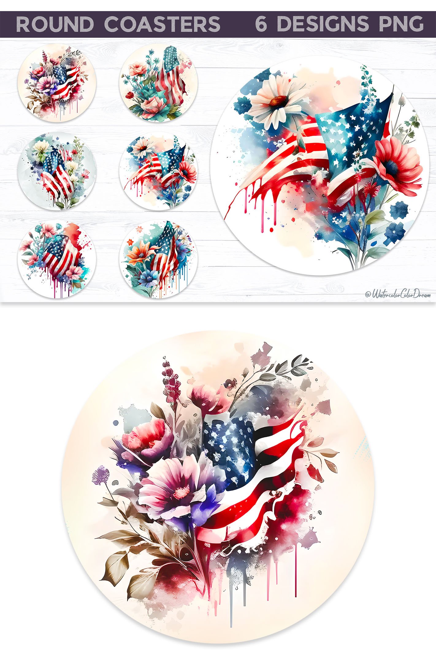 Patriotic Coaster Bundle | Patriotic Flowers Round Coaster