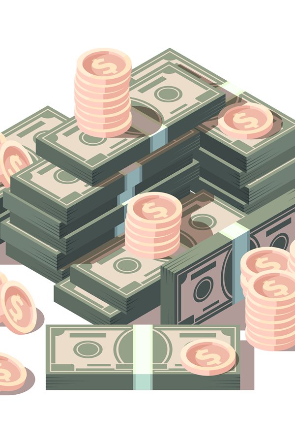 Money hills. Dollars and coins finances isometric symbols ve