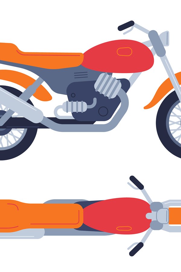 Motorcycle in different positions. Motorbike top, front back