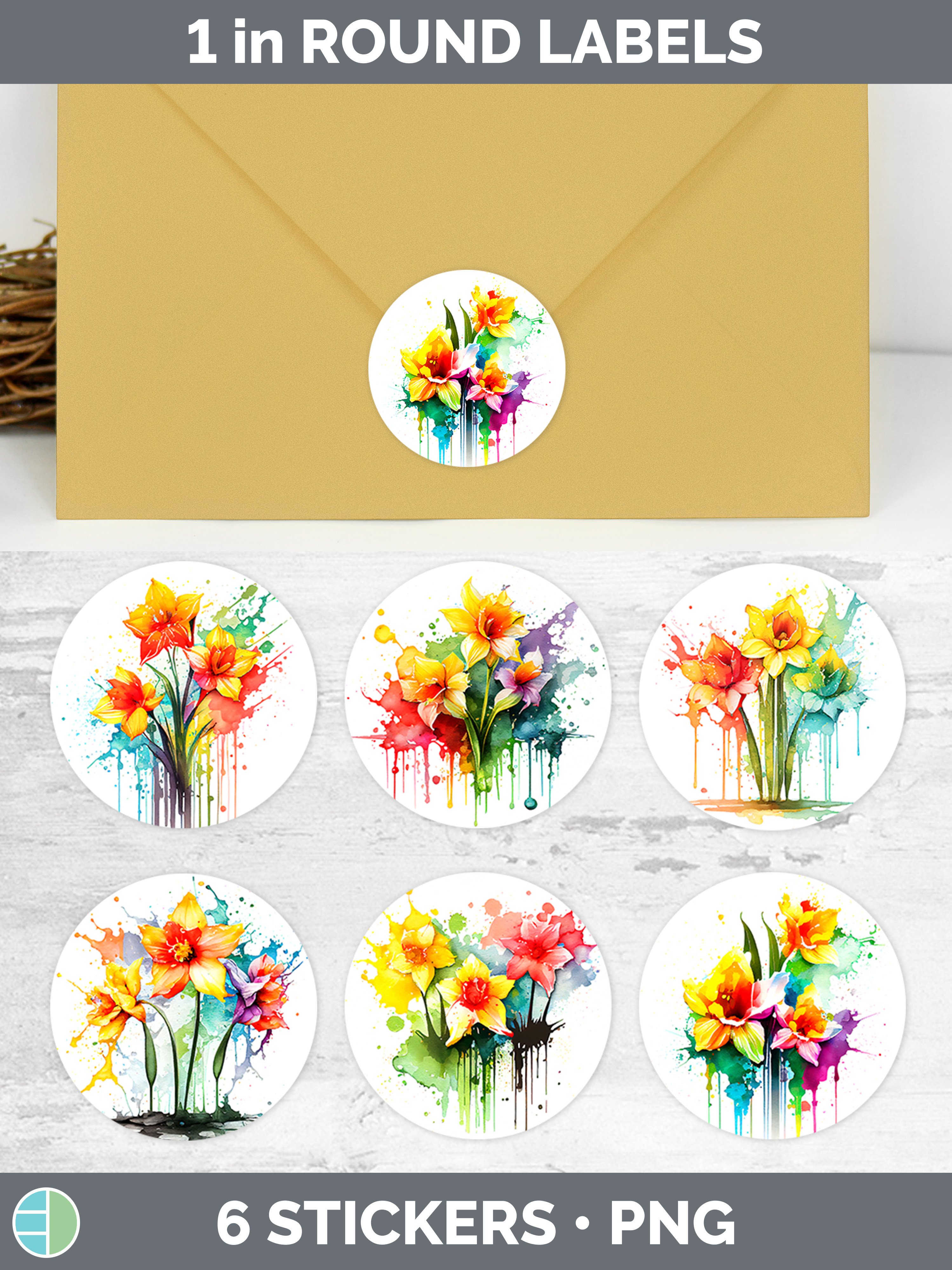 Rainbow Daffodil Flowers Stickers | Round Labels Designs Bun