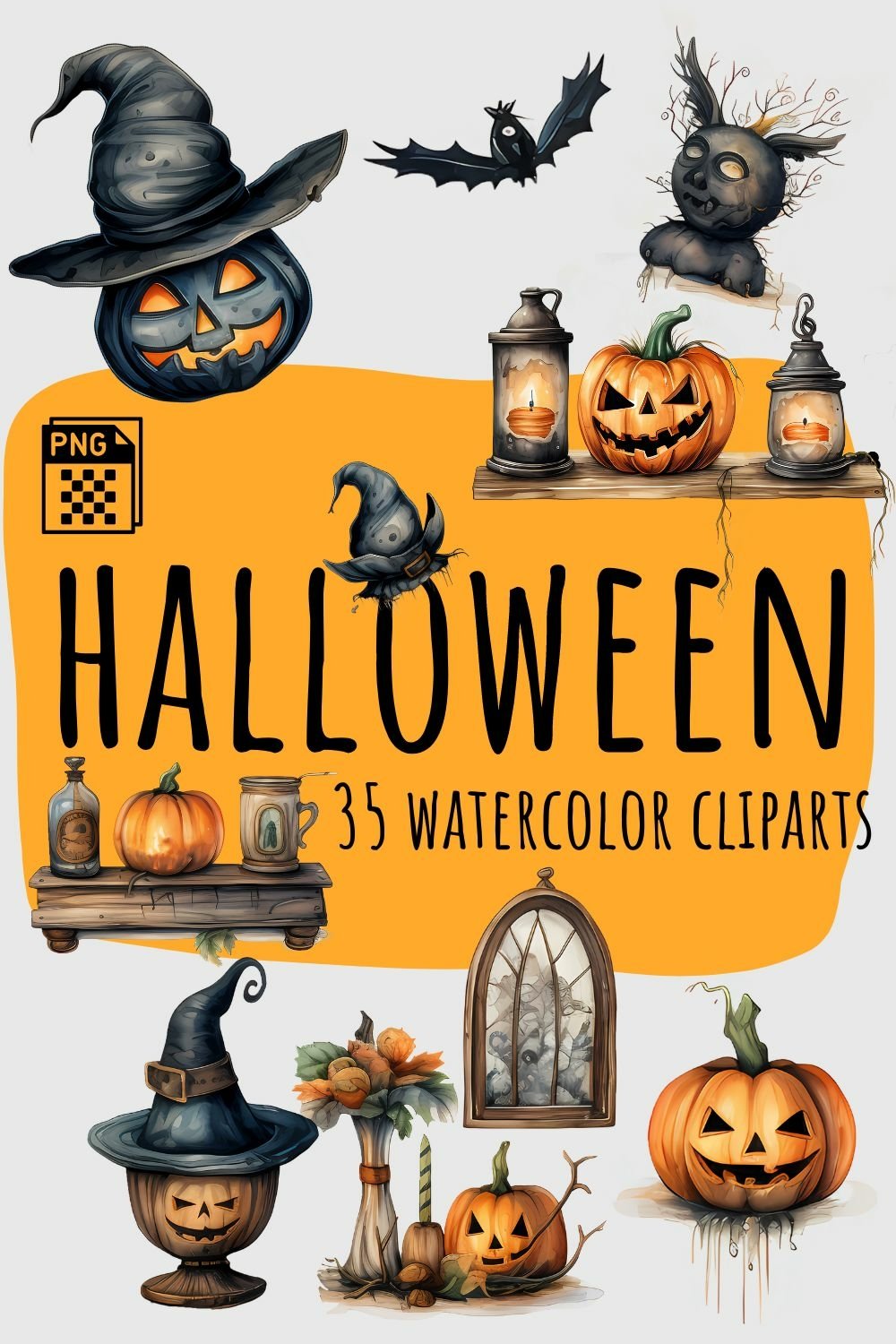 Vintage Spooky Halloween Watercolor Clipart Set - 35 Images