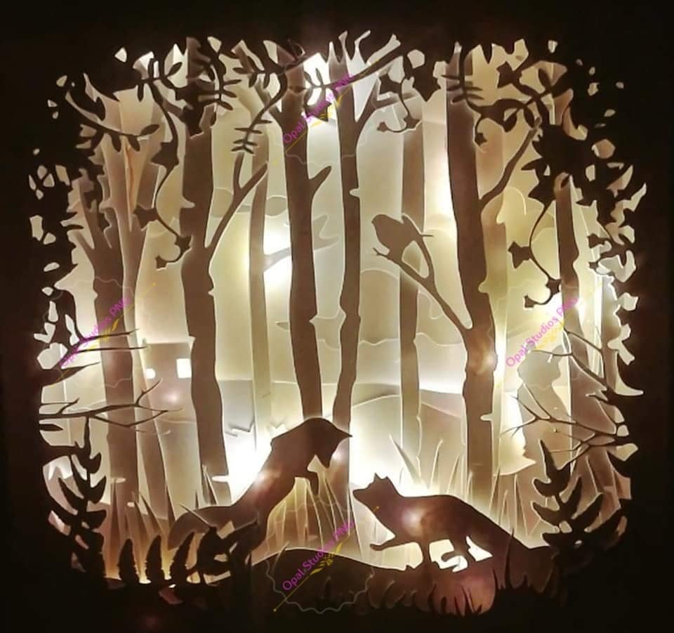 Fox family nature animals 3d layered shadow box light box