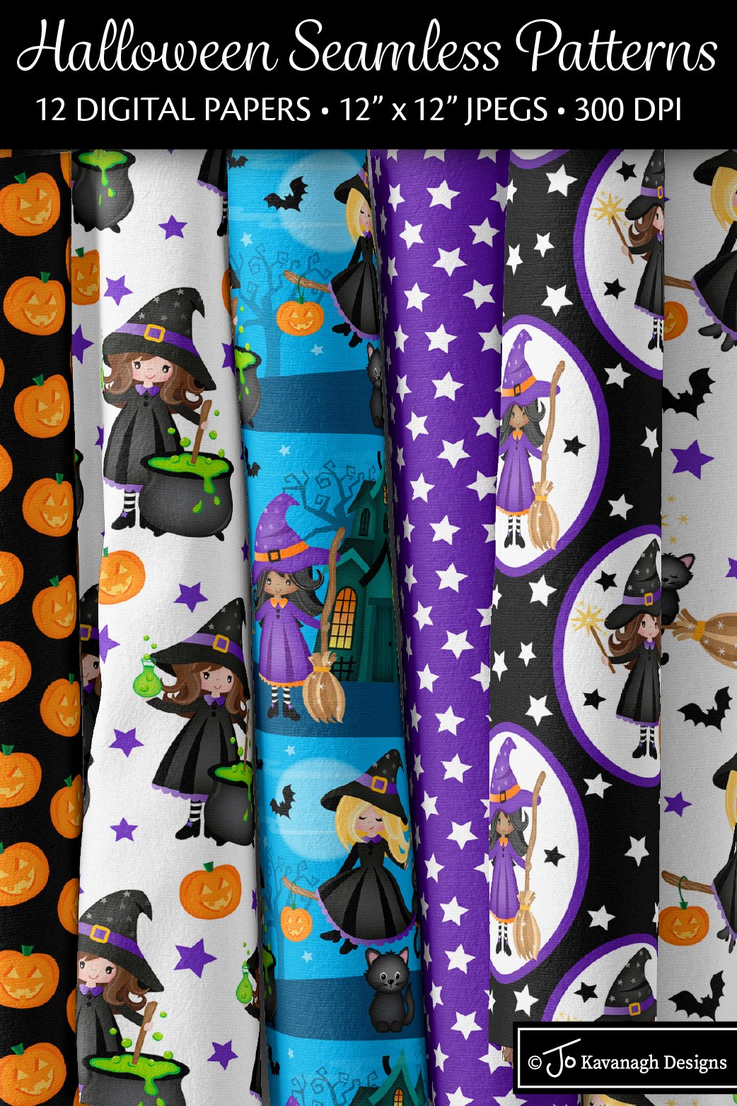 Halloween Digital Papers, Halloween Patterns, Witch, Pumpkin