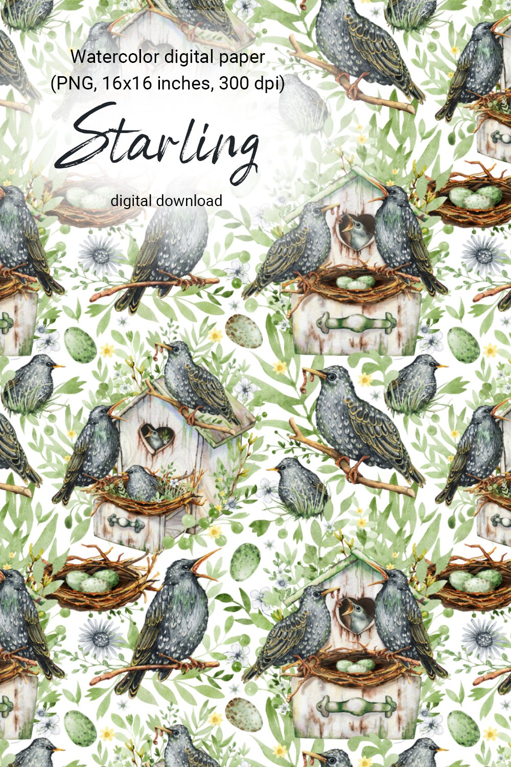Starling family, spring birds, seamless digital paper