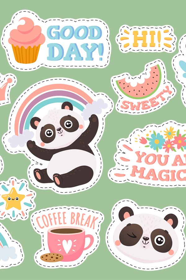 Cute panda stickers. Happy pandas patches, cool animals and