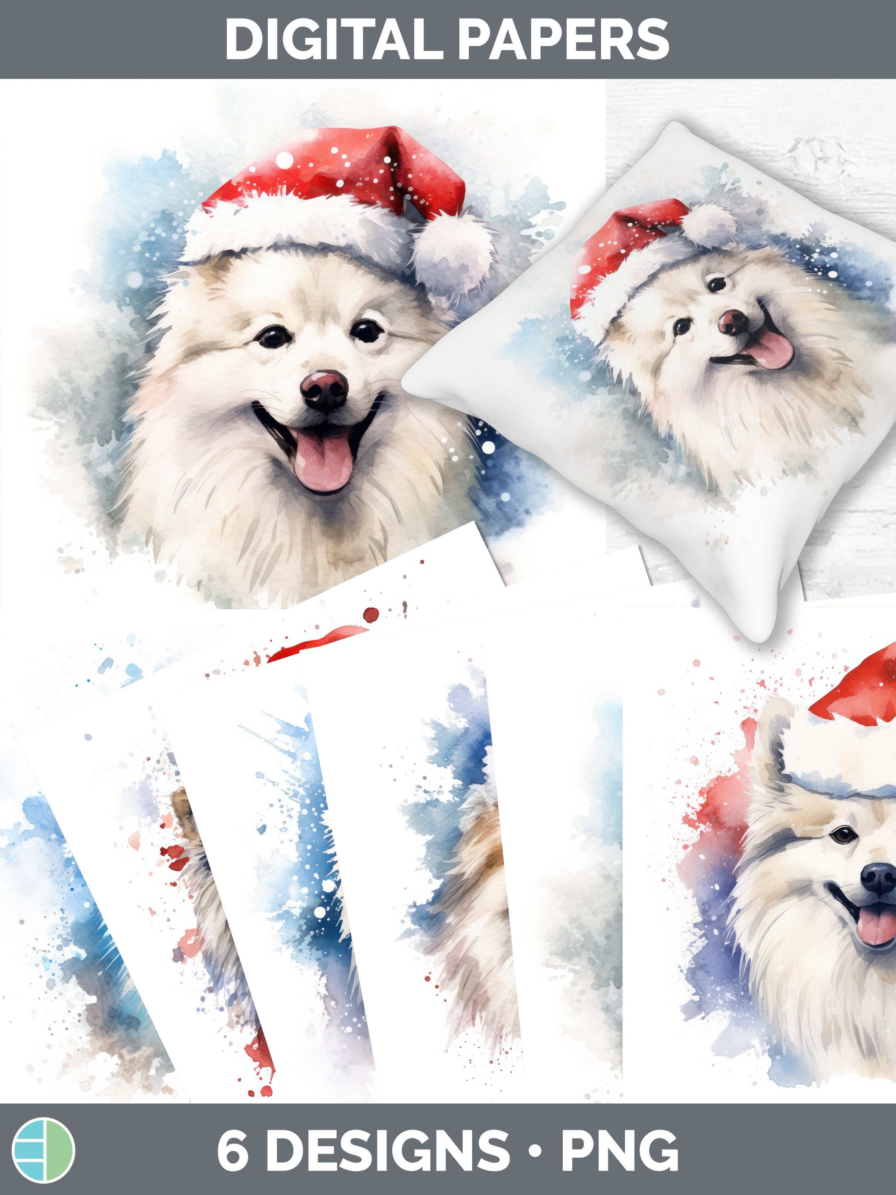 Christmas Santa Hat American Eskie Dog Paper Backgrounds | D