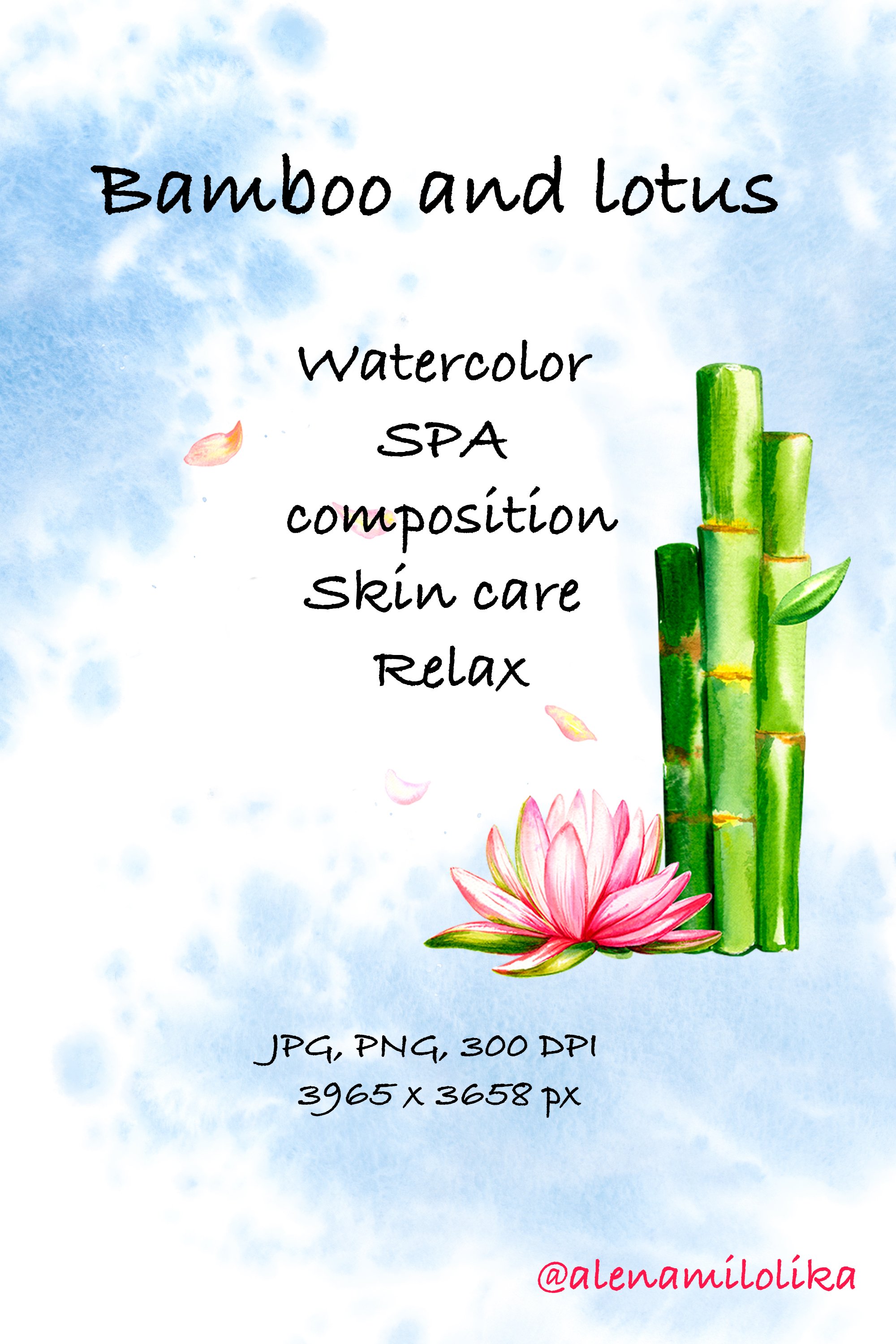 Watercolor SPA card. Skin care. Relax. Bamboo and lotus