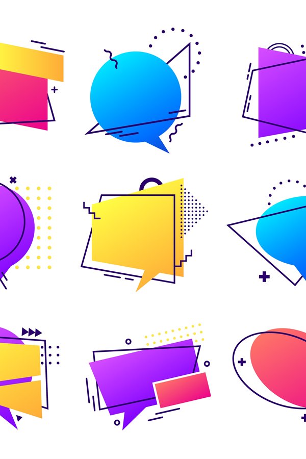 Gradient speech bubble set. Colorful frames with lines and d