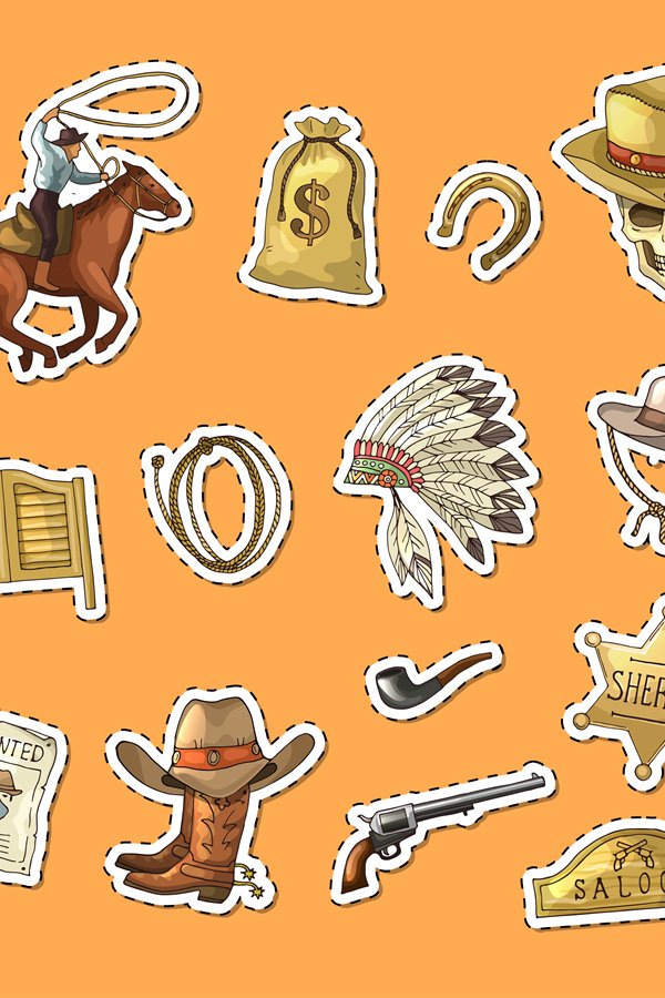 Vector hand drawn wild west cowboy stickers set illustration