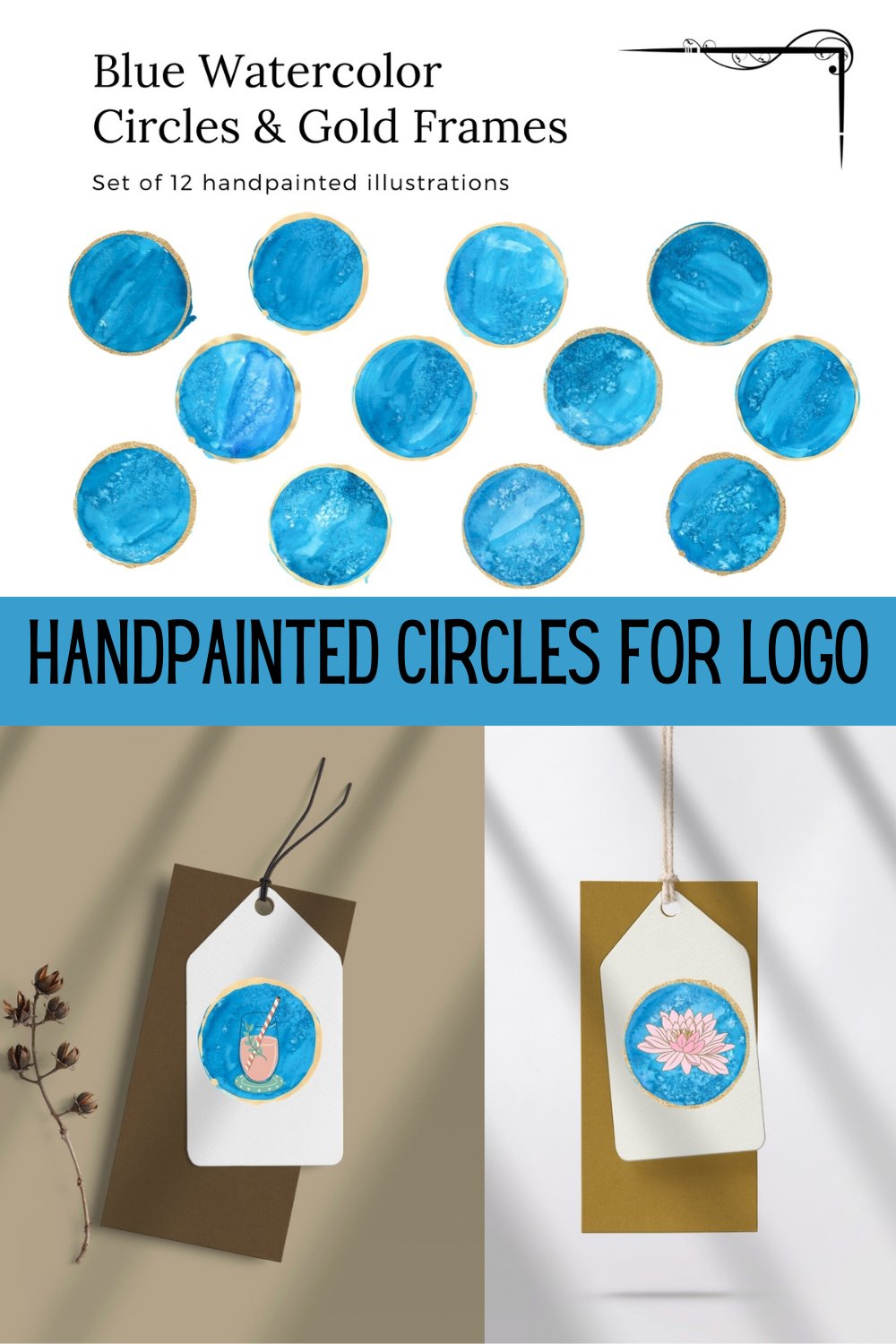 12 Blue Watercolor Circles with Gold Frames (2509129)