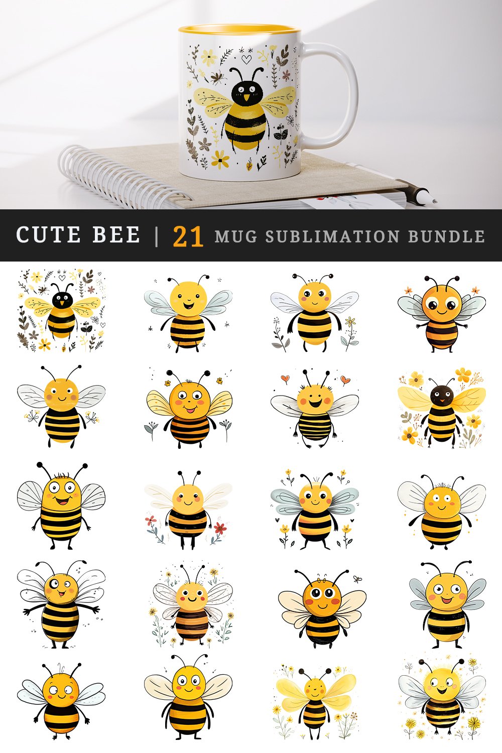 Cute bee mug, cup wrap sublimation printable designs bundle
