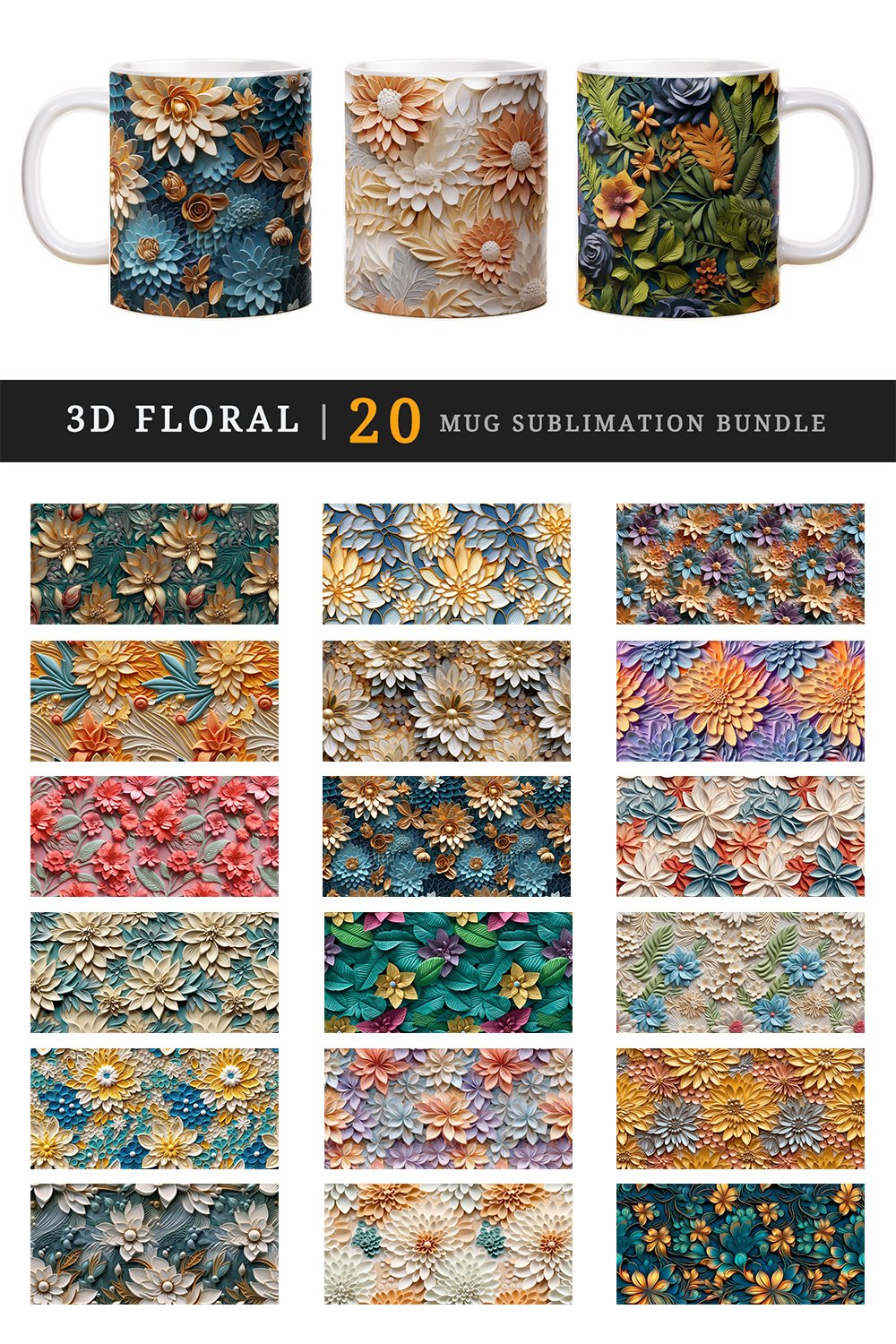 3D Floral, flowers mug, cup wrap sublimation design bundle