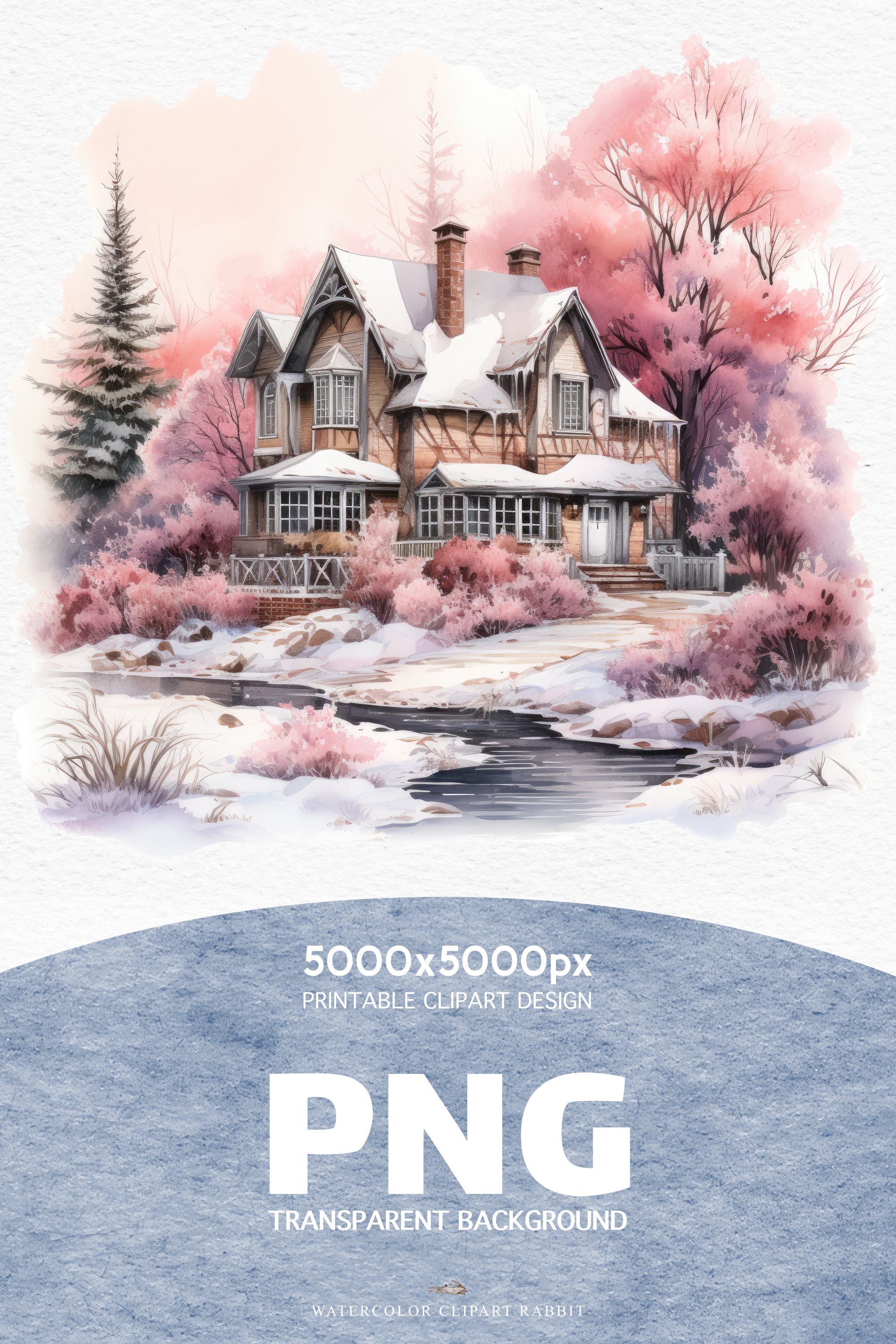 Pink Christmas HouseWinter Landscape Scene Village Clipart