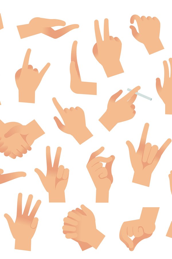 Hand gestures. Various arms, human hands, ok, thumb up and p