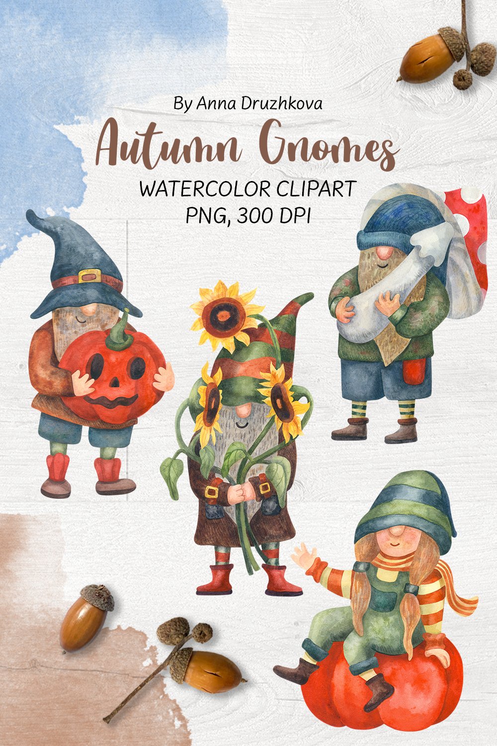 Autumn Gnomes Watercolor Clipart