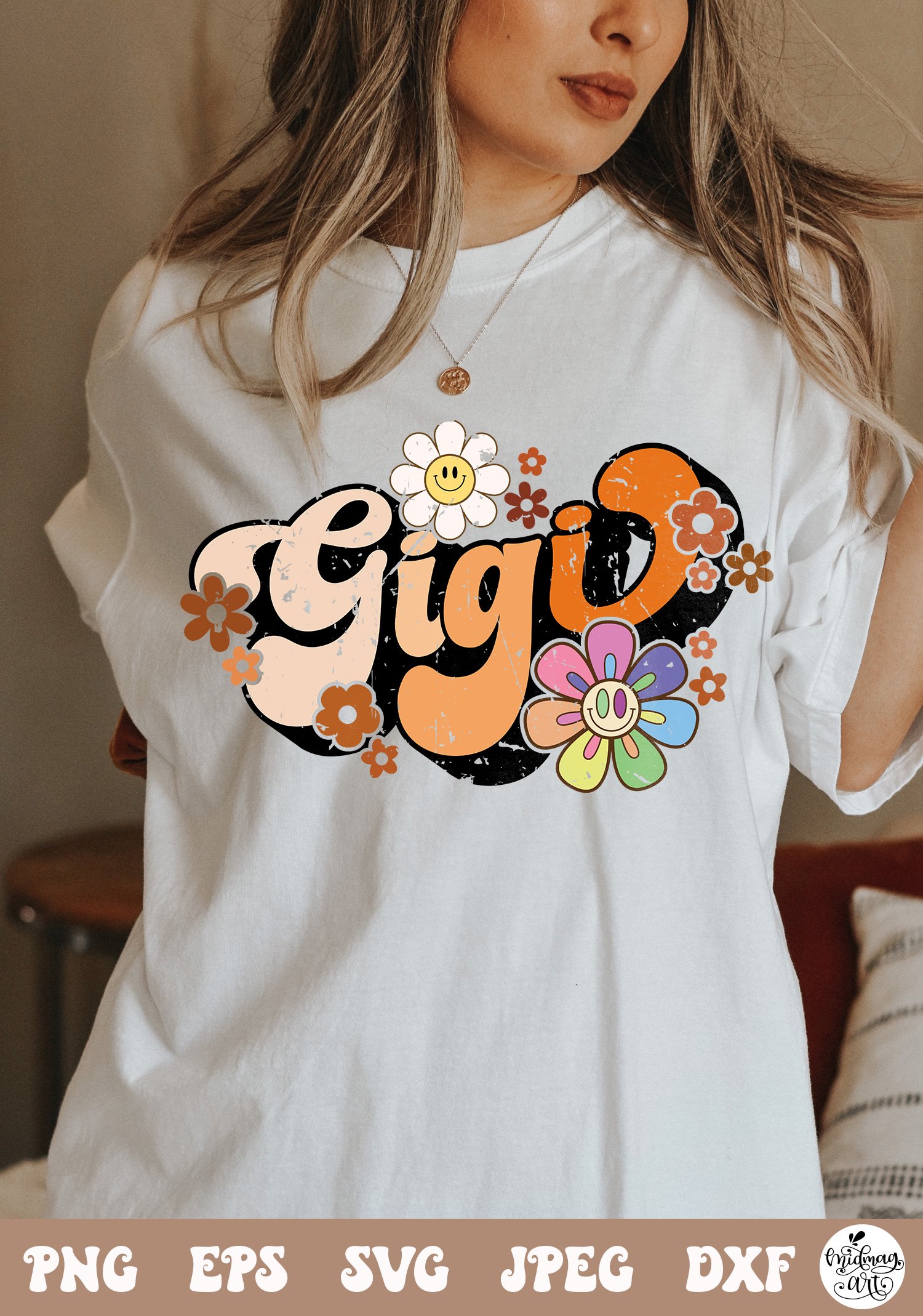 Retro gigi with daisy svg png sublimation, distressed png