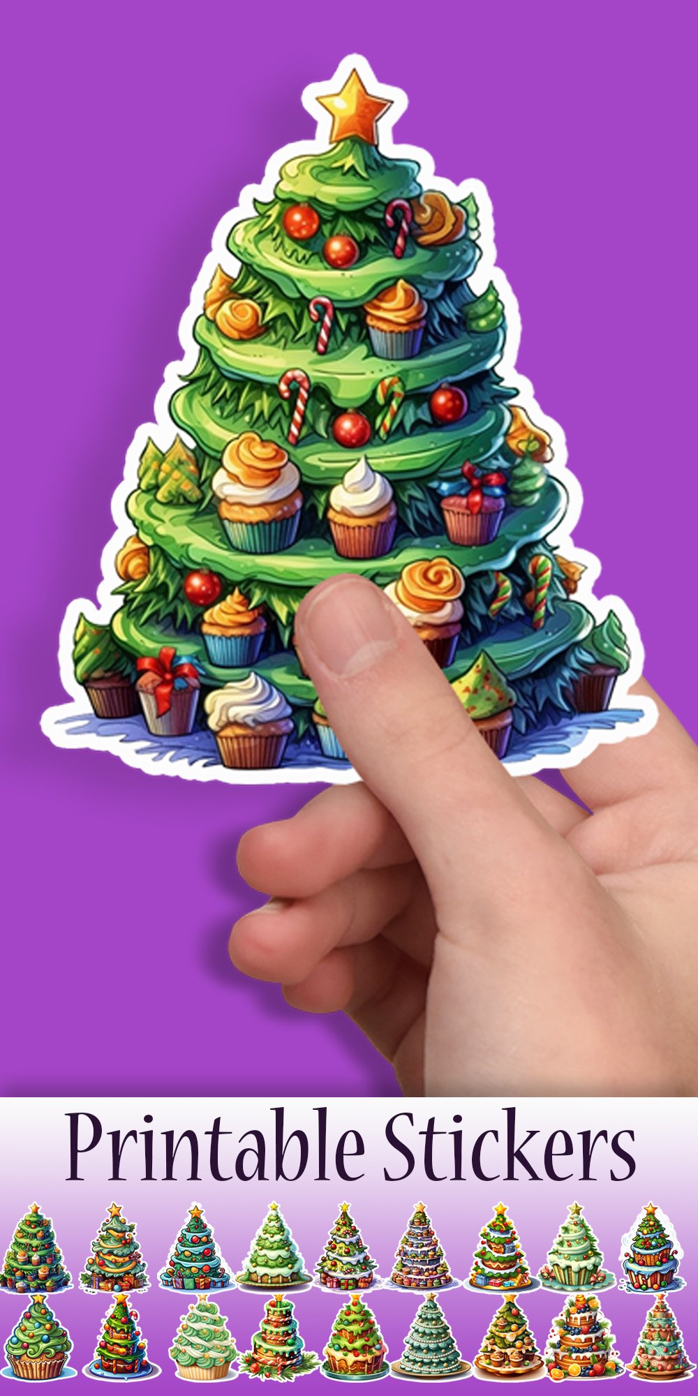 Christmas Tree Cake Print and Cut Sticker: 4 Sheets & 40 PNG