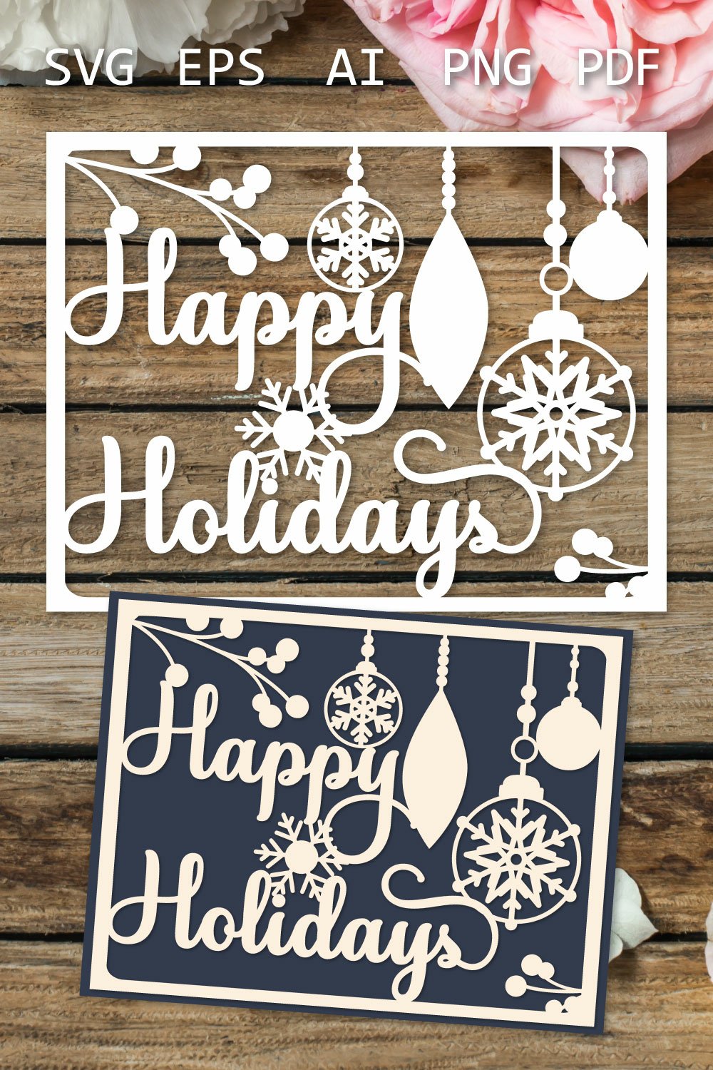 Happy Holidays card paper cutting template, Christmas SVG